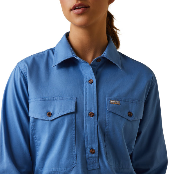 Ariat Womens Rebar Half Button Work Shirt - Blue - Bairnsdale Horse Centre